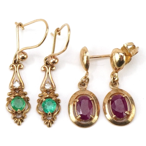 Two pairs of drop earrings comprising a pair of 9ct gold emerald and ...