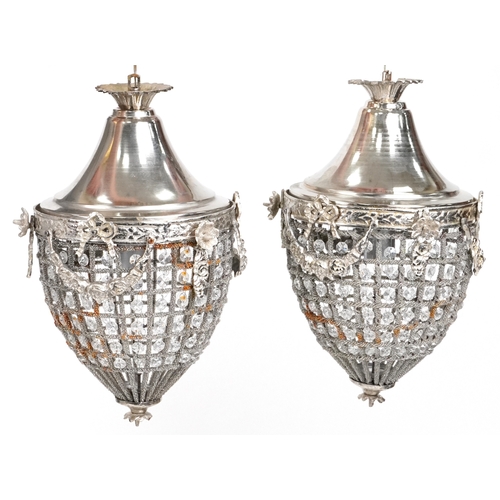 A pair of Rococo style silvered metal and Perspex drops ceiling lights ...