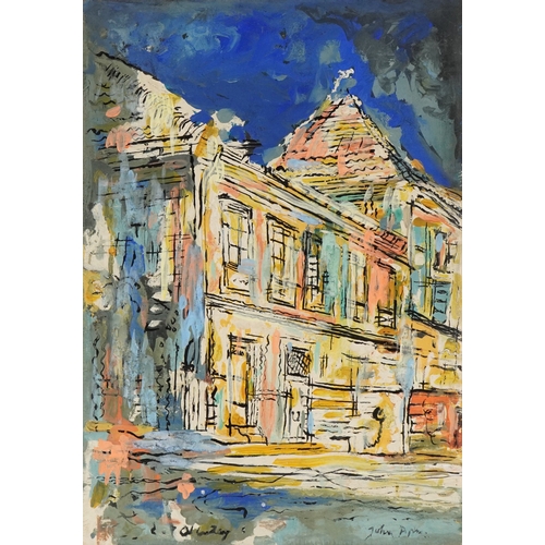 Manner of John Piper - Abstract buildings, oil on paper, mounted on ...