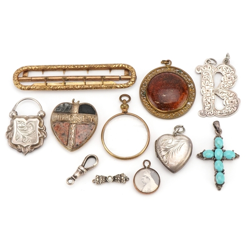 Antique and later jewellery including silver charms, a bevelled glass ...