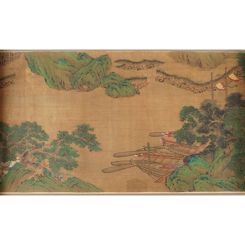 A Chinese hanging scroll with Song Dynasty design print, 445cm x 49cm.