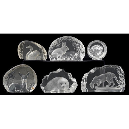 Six frosted glass animal paperweights including Mats Jonasson, the ...