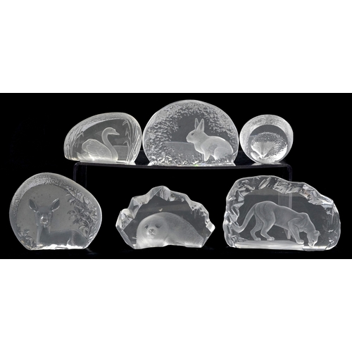 Six frosted glass animal paperweights including Mats Jonasson, the ...