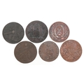 Six 18th century and later copper and bronze tokens including an Exeter ...