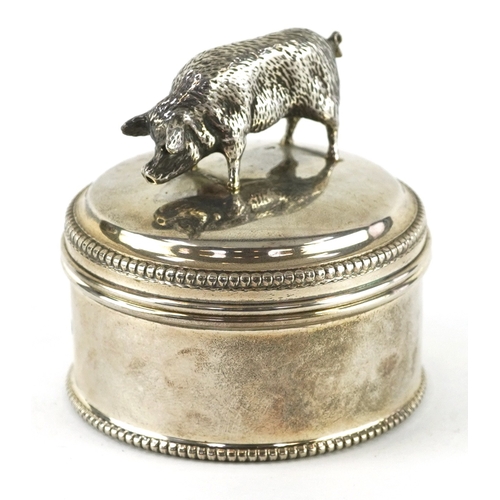Francis Howard Ltd., Elizabeth II circular silver trinket box with pig ...