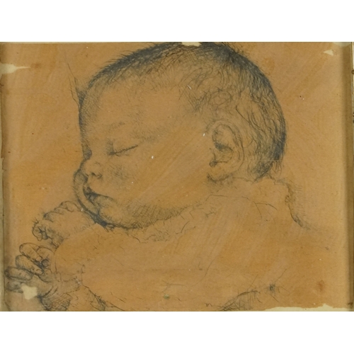 Sleeping baby, ink sketch on paper, mounted, framed and glazed, 14cm x ...