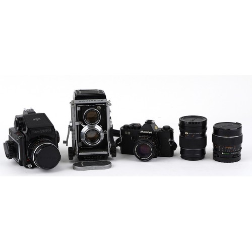 Three Mamiya cameras comprising Mamiya 645, Mamiya C3, Mamiya ZE and ...