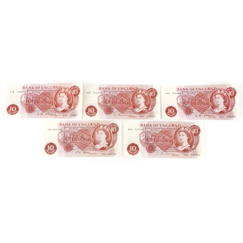 Five 1960s Bank of England ten shilling notes in mainly uncirculated ...