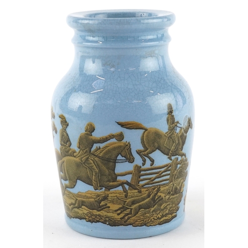 A Victorian Prattware jar decorated with a hunting scene, 10cm high.