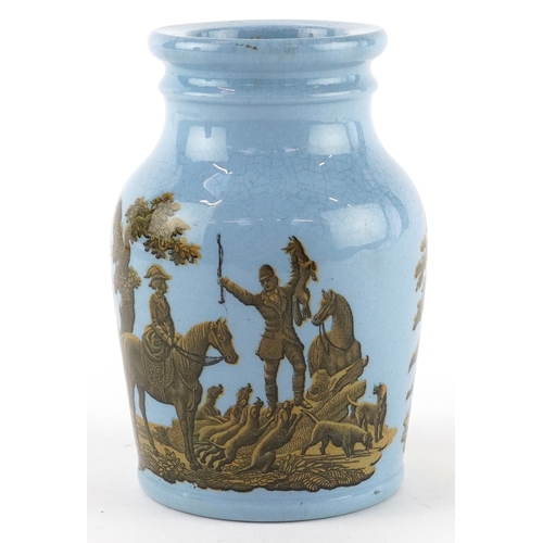 A Victorian Prattware jar decorated with a hunting scene, 10cm high.