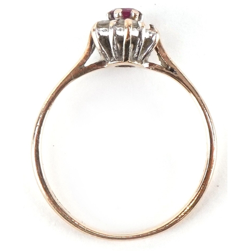 A 9ct gold ruby and diamond flower head ring, size I/J, 1.3g