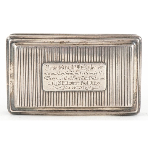 A George III silver snuff box, inscribed Presented to M F W Bernett As ...