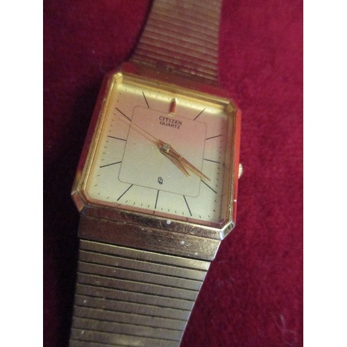 CITIZEN QUARTZ SQUARE FACED WRIST WATCH WITH GOLD PLATED STRAP