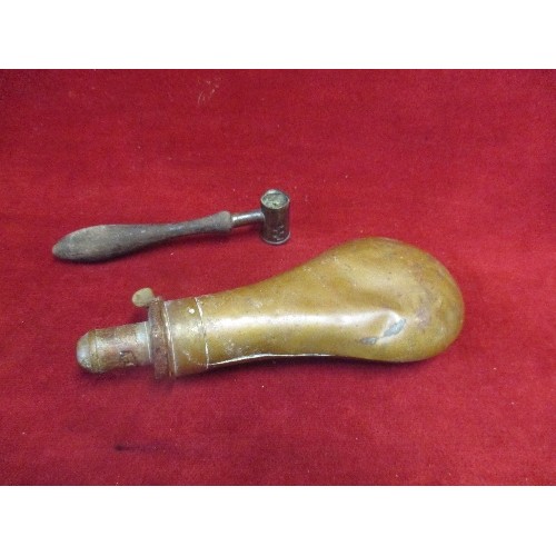 ANTIQUE COPPER POWDER FLASK AND A SHOT/ POWDER MEASURE