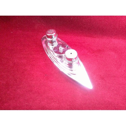 ATTRACTIVE CHROME-PLATED CONDIMENT SET. IN THE STYLE OF A SHIP. THE ...