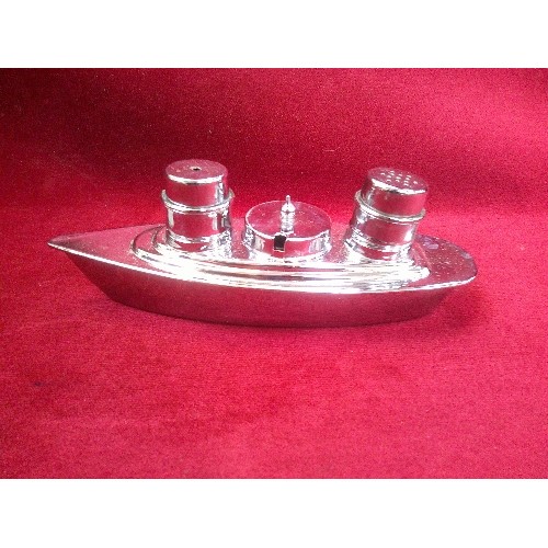 ATTRACTIVE CHROME-PLATED CONDIMENT SET. IN THE STYLE OF A SHIP. THE ...