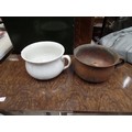AN UNUSUAL COPPER CHAMBER POT AND A WHITE CERAMIC CHAMBER POT