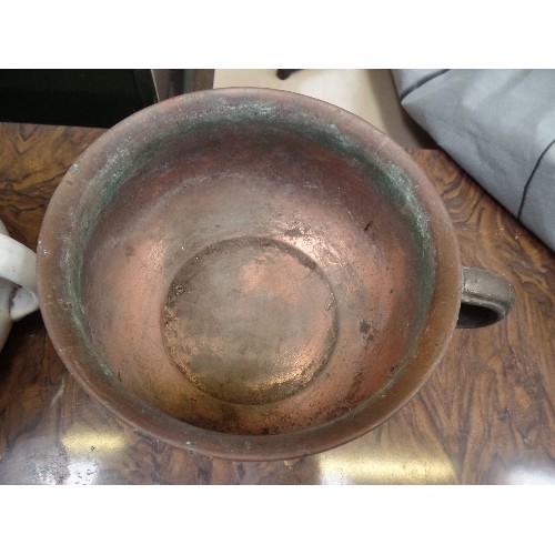 AN UNUSUAL COPPER CHAMBER POT AND A WHITE CERAMIC CHAMBER POT