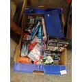 BOX OF MIXED LIGHT BULBS , TOOL BOX AND PIFCO BATTERY WALL LIGHT