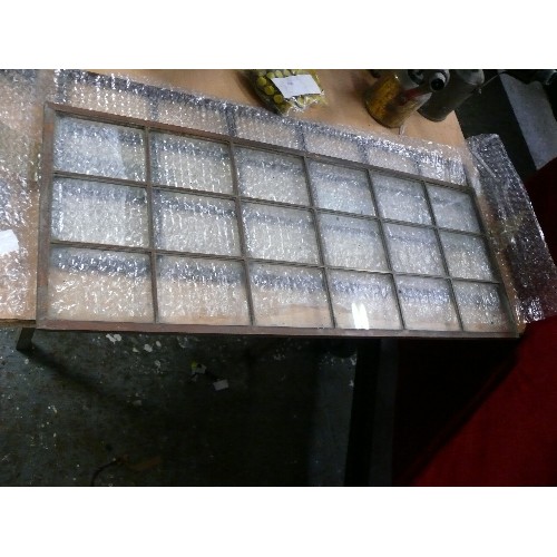 COPPER WINDOW FRAMES 10" X 25" X 3/8" WITH 18 GLASS PANELS.