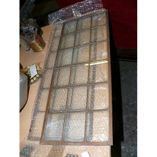 COPPER WINDOW FRAMES 10" X 25" X 3/8" WITH 18 GLASS PANELS.