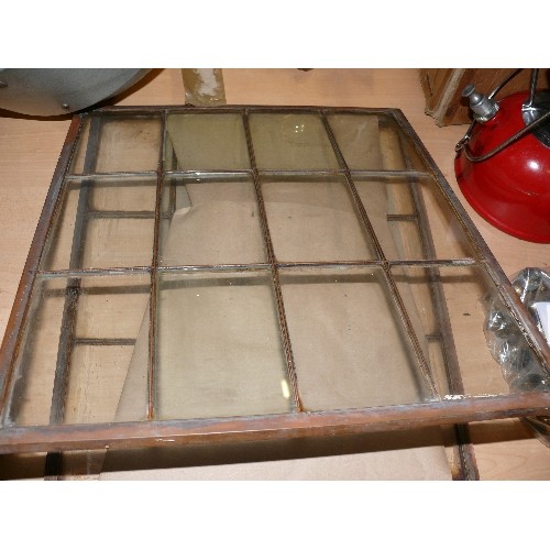 COPPER WINDOW FRAMES 10" X 25" X 3/8" WITH 18 GLASS PANELS.