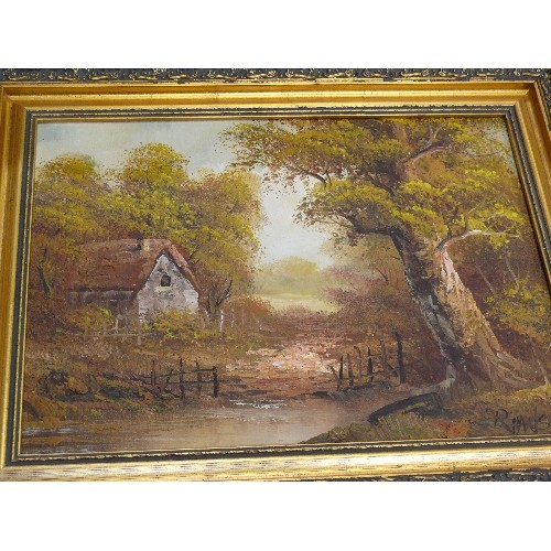 TWO GILT FRAMED COUNTRY SCENE OIL PAINTINGS.