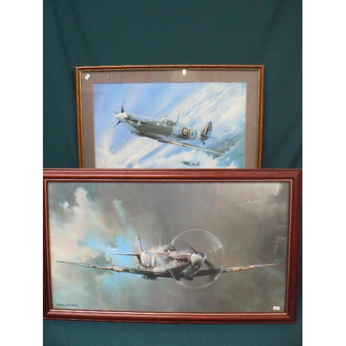 Two large framed & glazed prints of spitfires in flight, one by Barrie ...