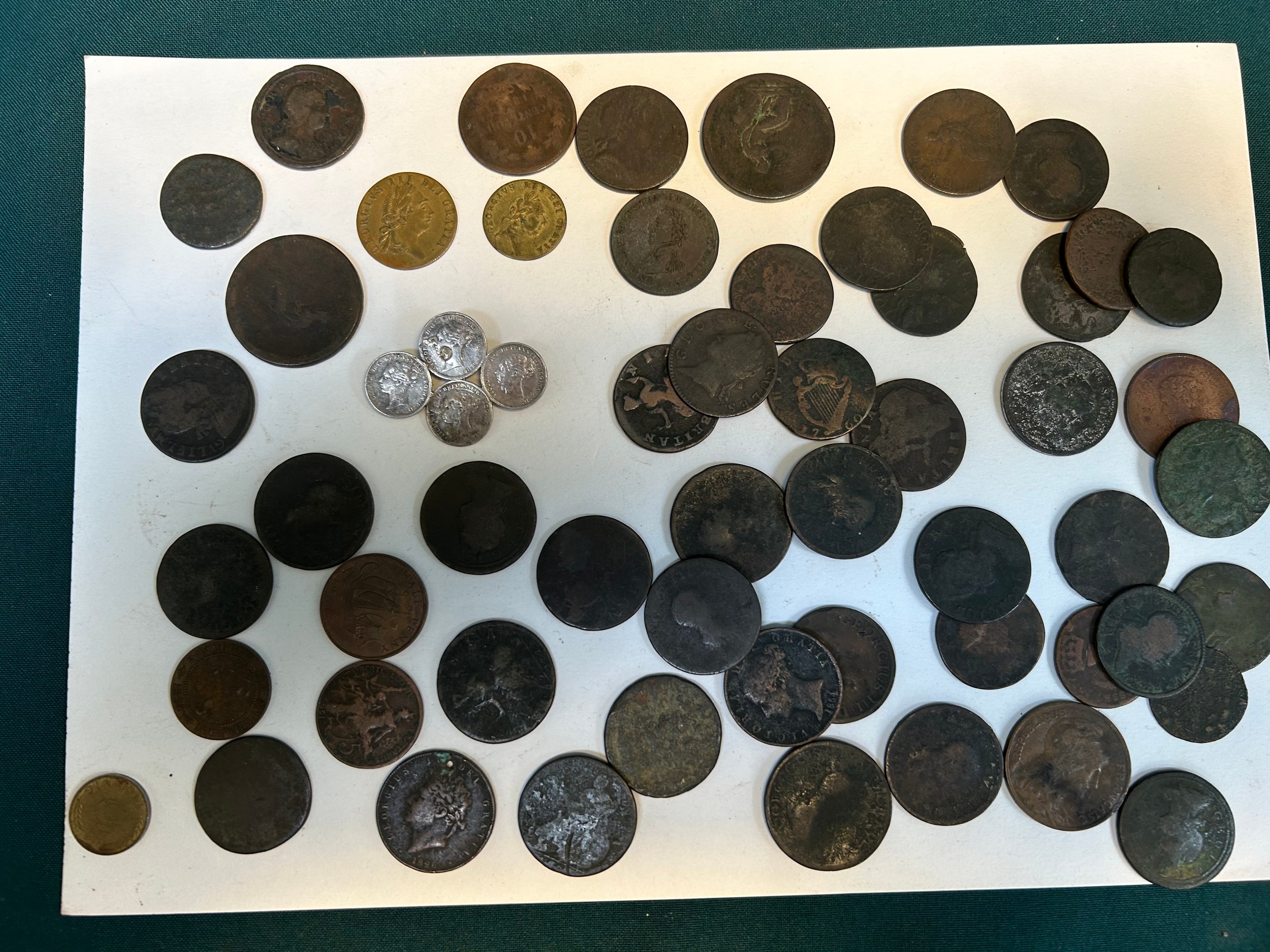 Georgian & Victorian coins inc a silver threepenny bit brooch, 1797 ...