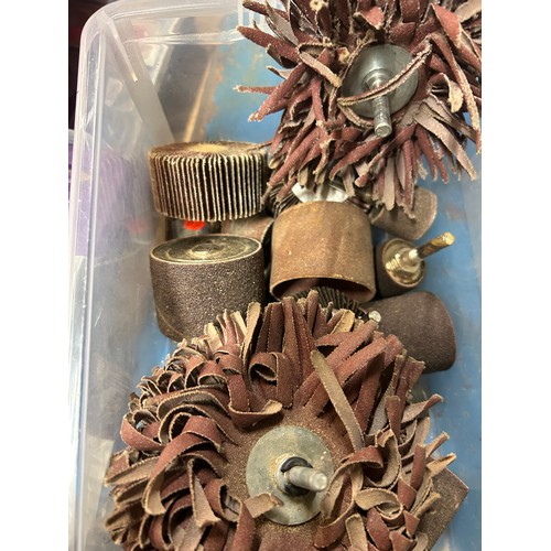 BOX OF ABRASIVE FLAPPER WHEELS, BUFFING HEADS TOGETHER WITH ELECTRICAL ...