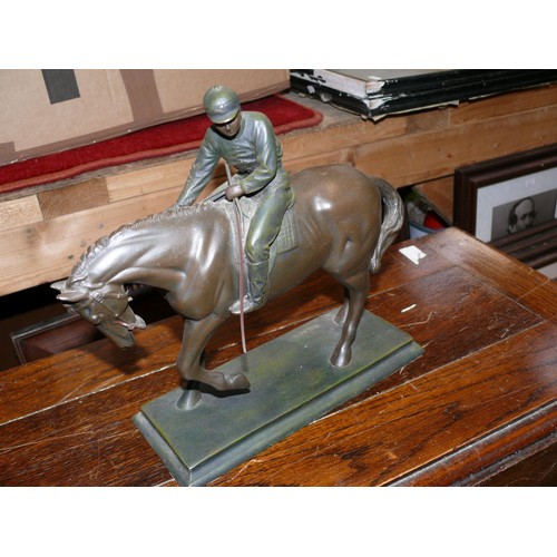 Bronze effect (resin) race horse and jockey figure statue. Marked on ...
