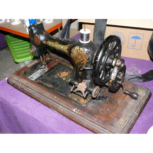 ANTIQUE JONES SEWING MACHINE WITH WOODEN CASE