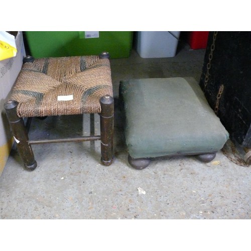 VINTAGE FOOTSTOOL ON BUN FEET AND A SMALL STOOL WITH WOVEN SEAT