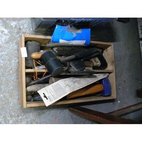 WOODEN TRAY OF TOOLS MALLETS, BRUSHES ETC