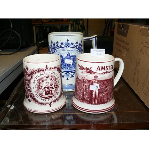 2 RED DELFT AMSTEL BEER TANKARDS AND A BLUE DELFT HEINEKEN TANKARD
