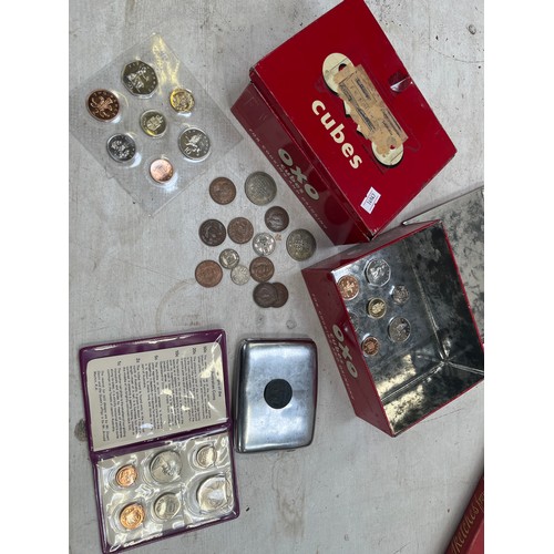 Two vintage Oxo advertising tins with contents of coins and an EPNS ...