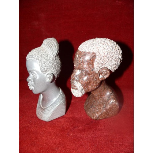 A PAIR OF HEAVY STONE AFRICAN BUSTS