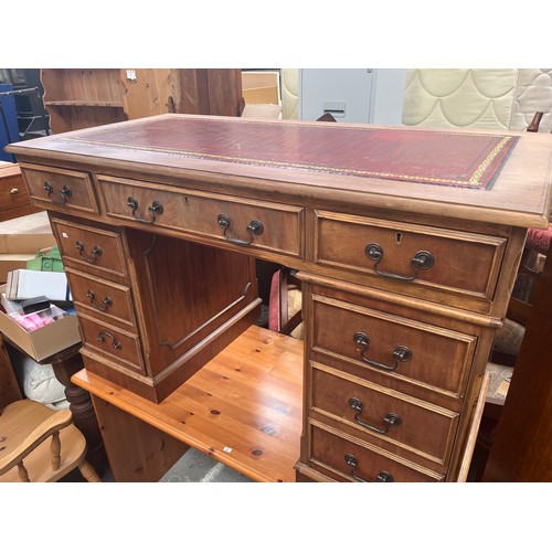 TWIN PEDESTAL BANKERS 9 DRAWER DESK WITH RED LEATHER TOP INSERT