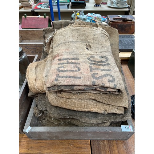 Quantity of vintage hessian sacks, 4x unbranded, 5x with stencilled ...
