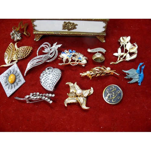 Small trinket box with a collection of decorative brooches