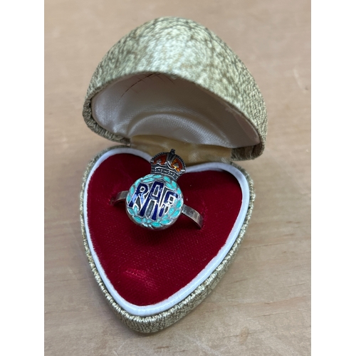 A silver & enamel RAF sweetheart ring, size W, with heart shaped box