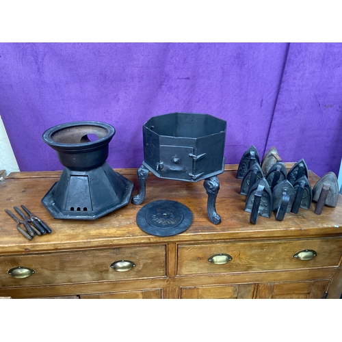 Victorian cast iron pot belly laundry stove, complete with 9 flat irons ...
