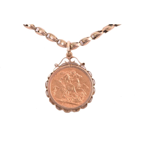 A George V full sovereign pendant on chain; dated 1912, in 9ct gold ...