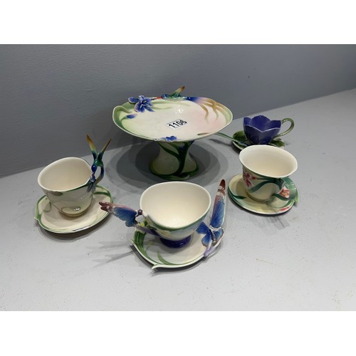 Franz humming bird comport dish + 4 franz cups & saucers + one spoon