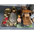 2 Boxes woodenware & brass/ copperware
