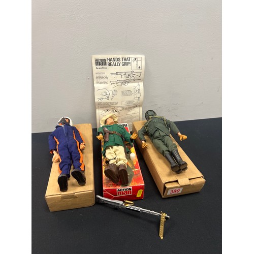 3 vintage boxed Action Man figures (displayed in the white cab)