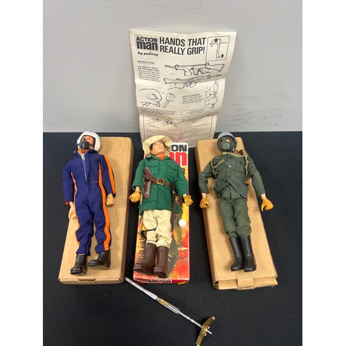 3 vintage boxed Action Man figures (displayed in the white cab)