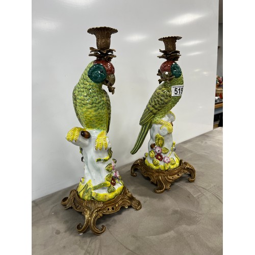 Pair green parrot candlesticks