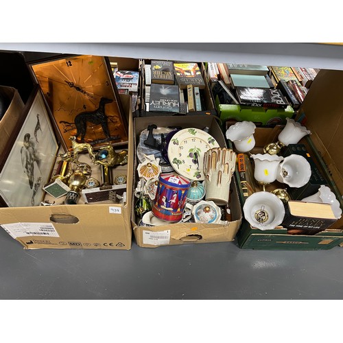Collection greyhound trophies + 2 boxes misc + heavy brass greyhounds