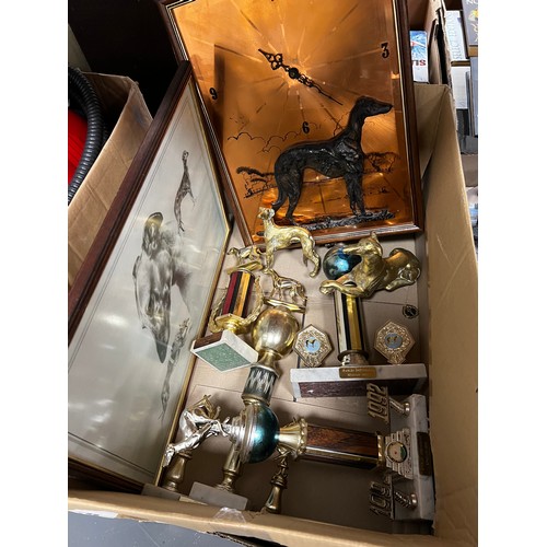 Collection greyhound trophies + 2 boxes misc + heavy brass greyhounds